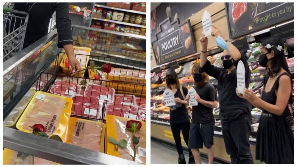 Activistas veganos hacen un funeral en la sección de carnes de un súper ...